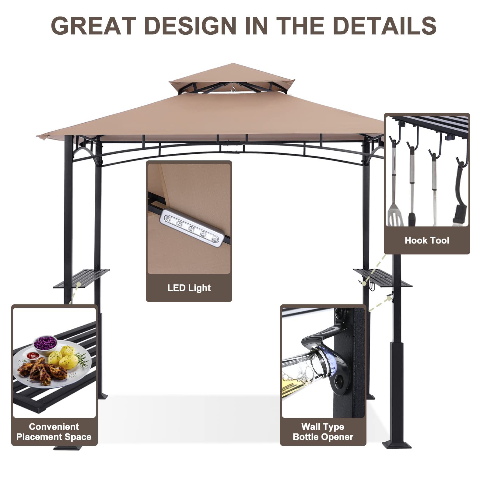 ABCCANOPY 8'x 5' Grill Gazebo Canopy - Outdoor BBQ Gazebo Shelter with LED Light, Patio Canopy Tent for Barbecue and Picnic (Khaki)