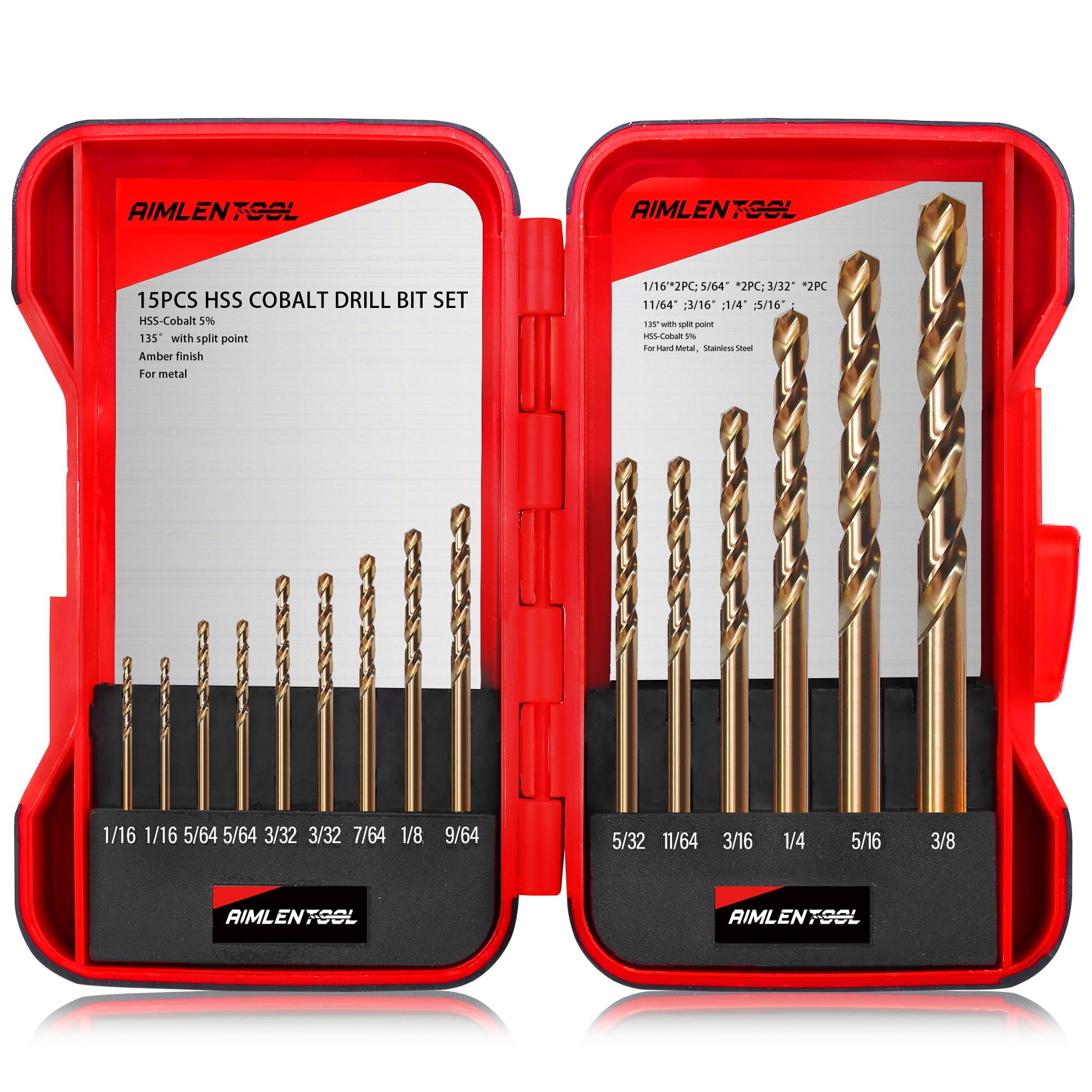 AIMLENTOOL 15Pcs Cobalt Drill Bit Set, M35 HSS, SAE (1/16" - 3/8"), 135° Tip, Twist Jobber Length Drill Bit Kit for Hardened Metal, Stainless Steel, Cast Iron, Plastic and Wood, Indexed Storage Case