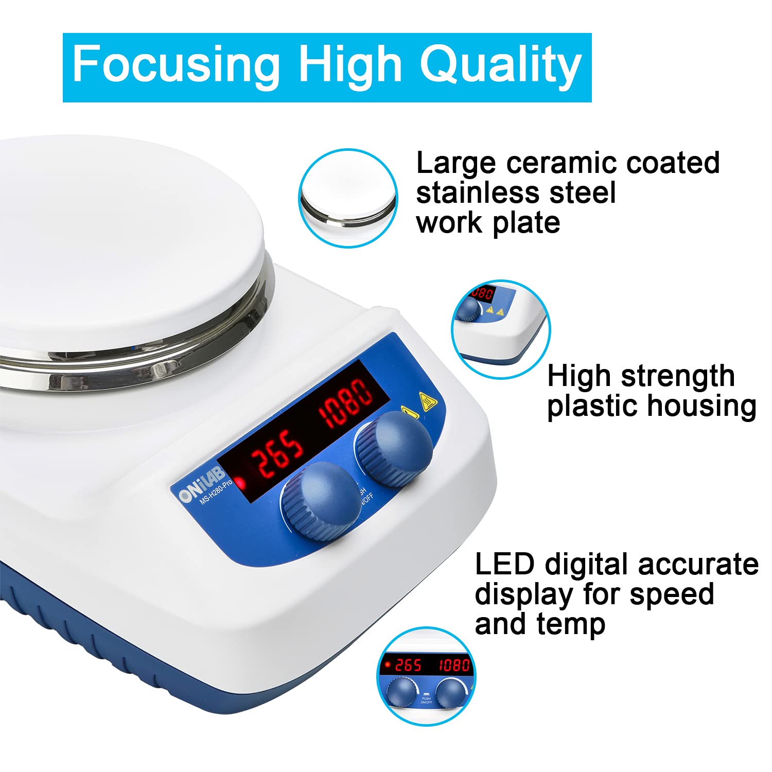 ONiLAB 5 inch LED Digital Hotplate Magnetic Stirrer Hot Plate with Ceramic Coated Lab Hotplate, 280℃ Stir Plate, Magnetic Mixer 3,000mL Stirring Capacity, 200-1500rpm, Stirring Bar Included…