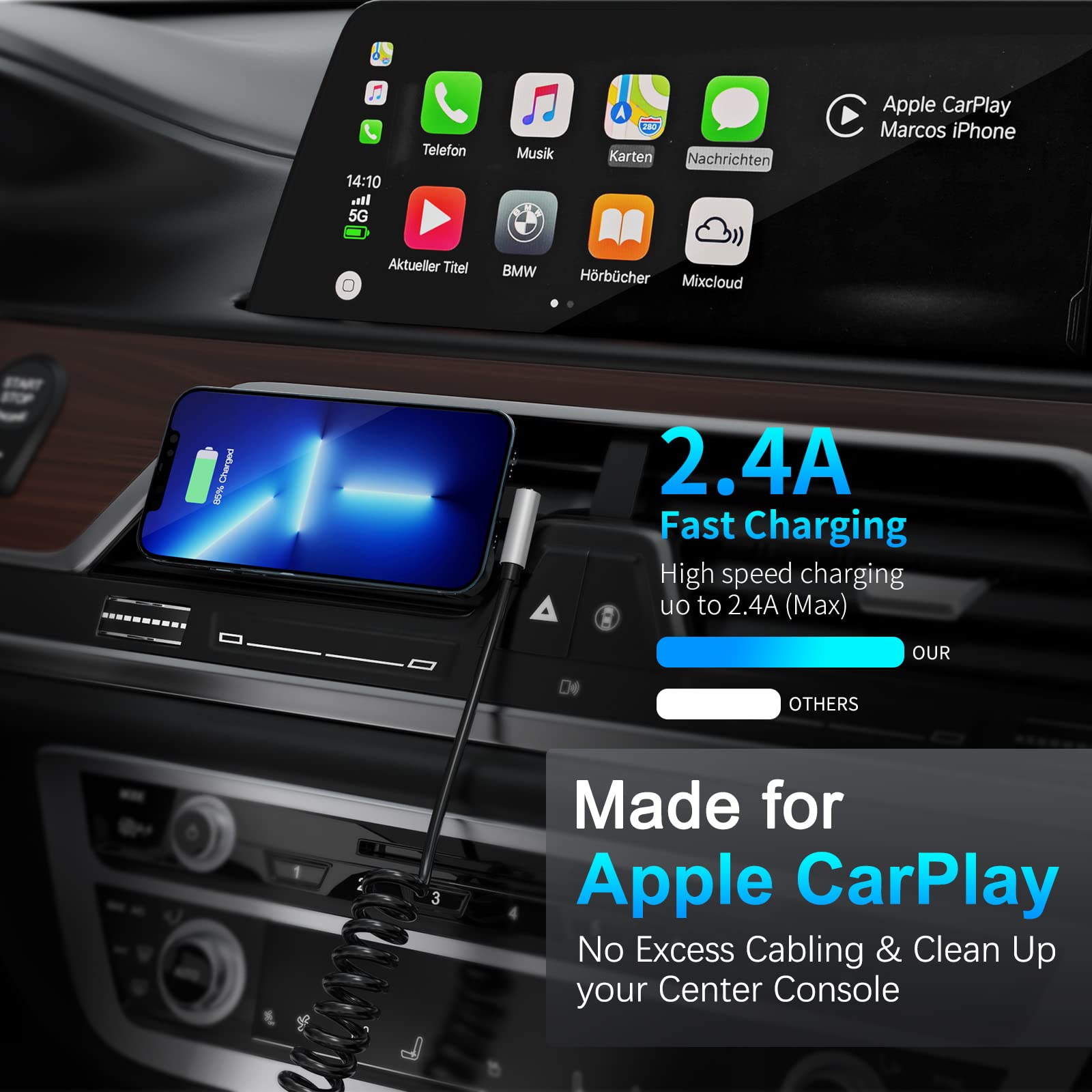 90 Degree Apple Carplay Cable [2 Pack],Right Angle Coiled iPhone Charger for Car [Mfi Certified & Data Sync] Coiled Lightning Cord for Iphone14/13/12/11pro Max/Xs Max/Xr/Xs/X/8/7/Plus/6s Ipad/iPod