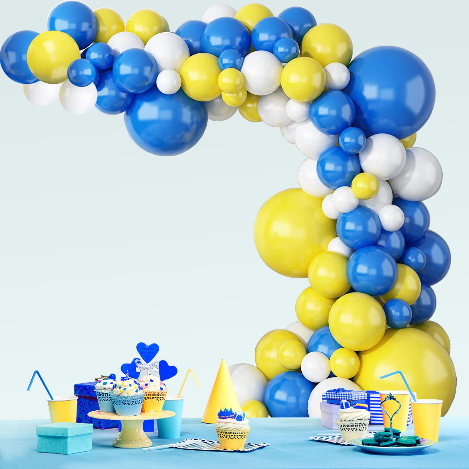 Blue Yellow White Balloon Garland & Arch Kit,18inch 12inch 10inch Blue Yellow and White Balloons, for Birthday, Baby Shower, Wedding, Party Decorations