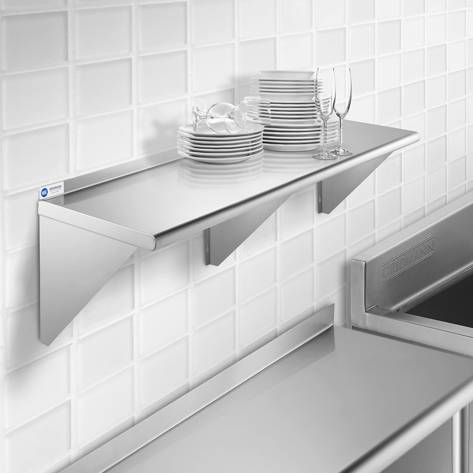 GRIDMANN 18" x 60" Stainless Steel Wall Mount Shelf with Backsplash, Commercial Grade - NSF Certified 18 Gauge Shelving for Restaurant, Kitchen, Utility Room, Garage