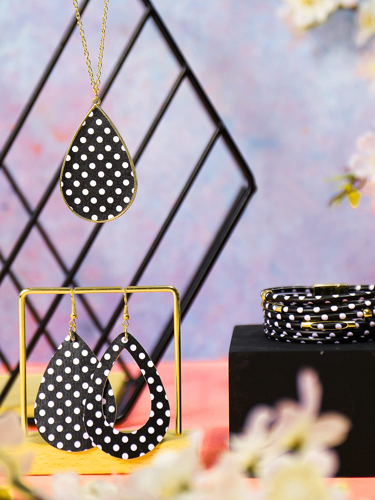 4 Pieces Women's Jewelry Set Polka Dot Pattern Necklace Multi-Layer Bracelet and PU Leather Dangle Earrings (White)