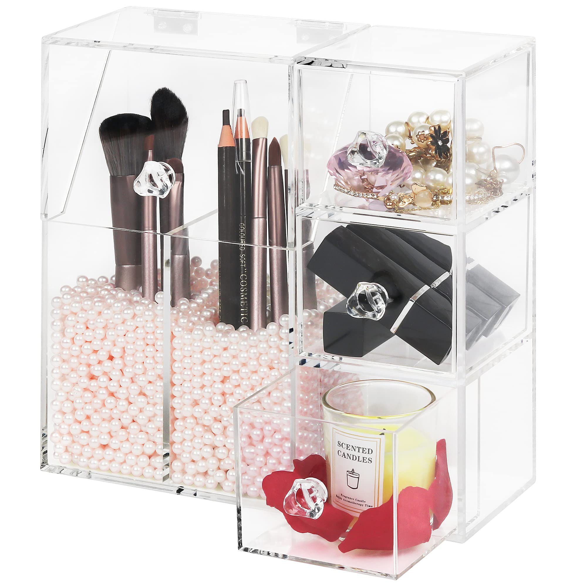 weddingwish Makeup Brush Holder with 3 drawers, Acrylic Makeup Organizer, Covered Costmetic Storage Box with Pink Beads,Heavy-Duty Acrylic, Bathroom Cosmetics Storage System…