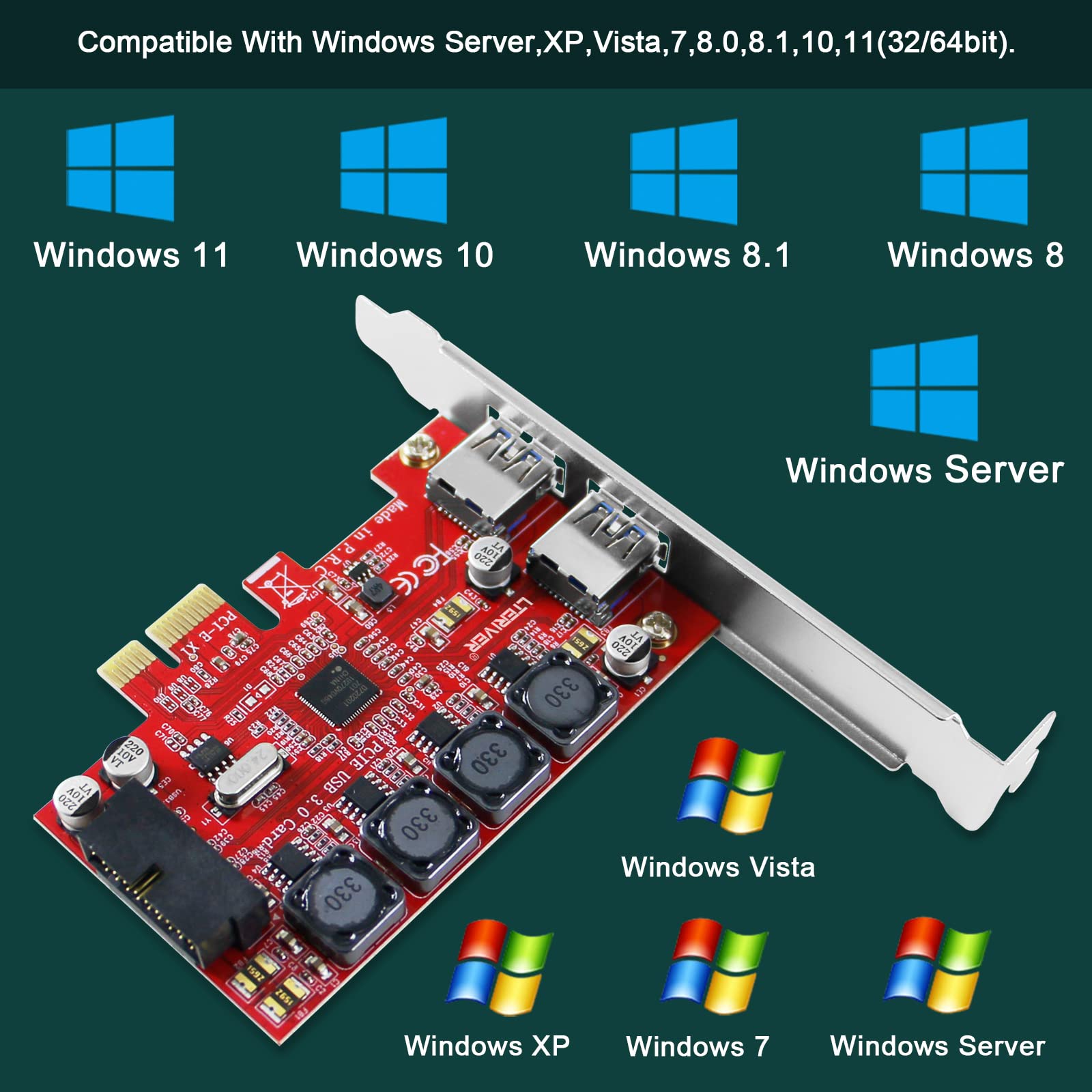 LTERIVER PCIE to 1X 19Pin USB 3.0 Header and 2X USB-A Ports, PCIE USB 3.0 5Gbps Expansion Card for Windows 11, 10, 8.1, 7, XP (32/64), Built Smart Power Control Technology (PCE-IN2EX2)