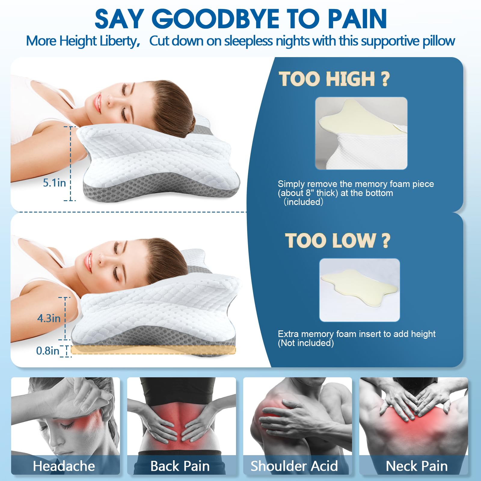 5X Pain Relief Cervical Pillow for Neck and Shoulder Support,Ear Piercing Pillow Design Cervical Memory Foam Pillows, Orthopedic Ergonomic Neck Pillow,Contour Bed Pillow for Side,Back,Stomach Sleeperā¦