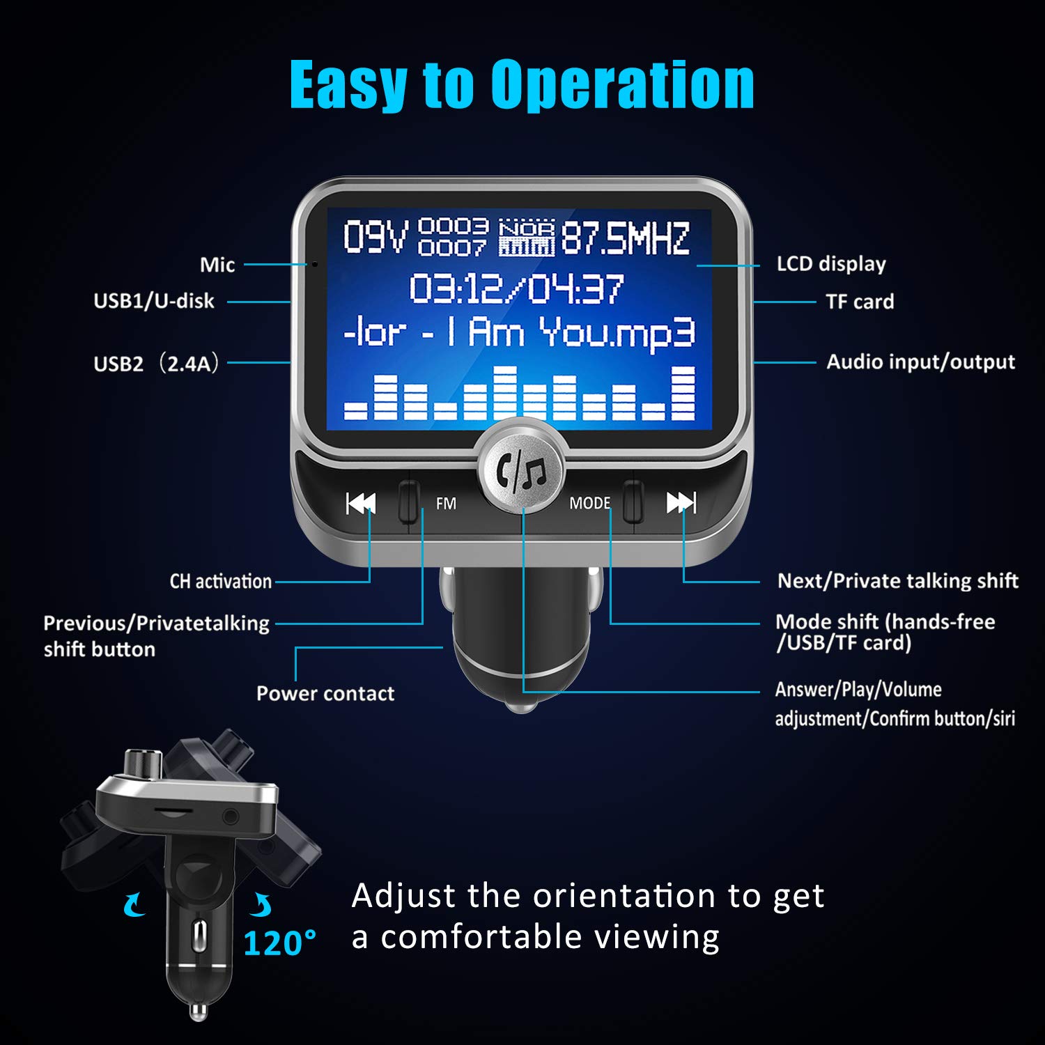 ToHayie Bluetooth FM Transmitter for Car, Transmitter Bluetooth Car Wireless Radio Adapter Hands-Free Car Kit with 1.8 inch Display, Dual USB Car Charger, AUX Input/Output, TF Card Mp3 Player, Silver
