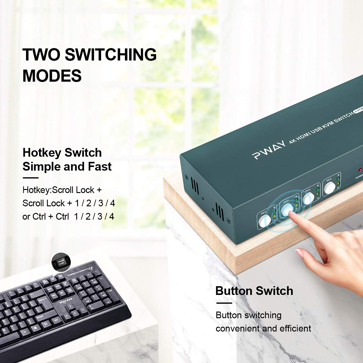 4 Port KVM Switch HDMI Dual Monitor Extended Display, 4K@30Hz 2 USB 2.0 Hub, Wireless Keyboard & Mouse and Hotkey Switch Supported, 4 in 2 Out, Powered by USB