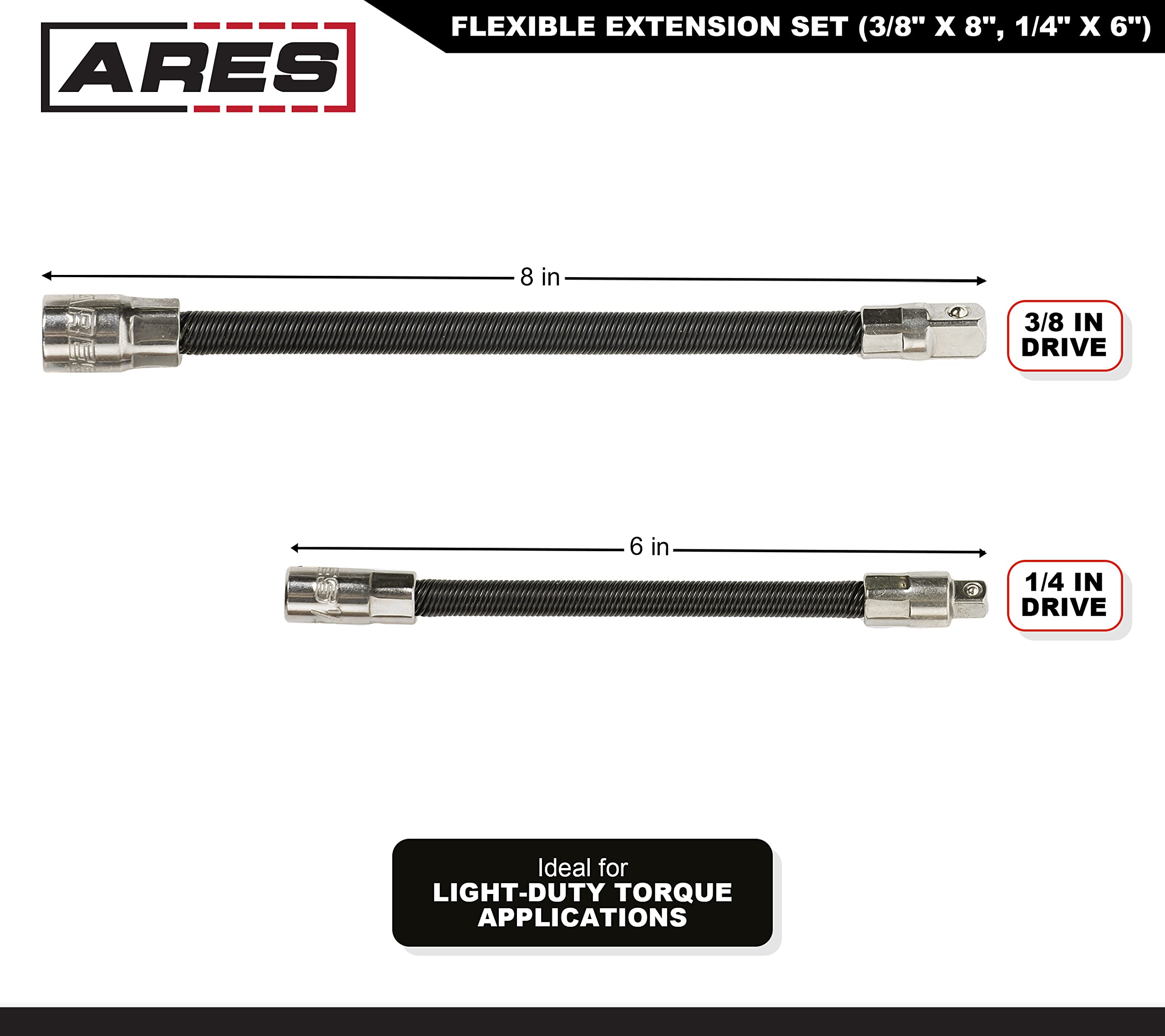 ARES 42071 β 2-Piece Flexible Socket Extension Set β 1/4-Inch and 3/8-Inch Drive Extensions β 6-Inch and 8-Inch Extensions with Flexible Shafts β Spring-Loaded Detent Balls to Prevent Slipping