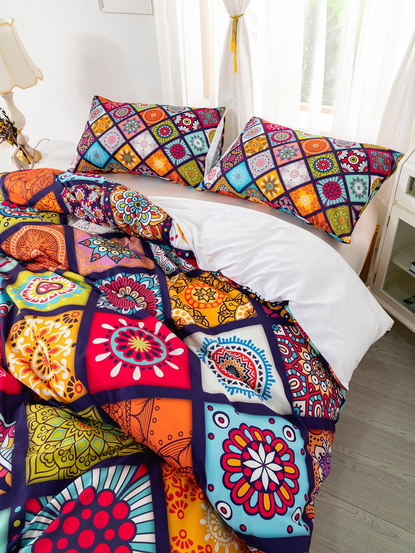 QWINEE 3pcs Mandala Pattern Duvet Cover Set Without Filler (1 Duvet Cover & 2 Pillowcase) Bohemian Style Boho Fabric Soft Bedding Set for Home Multicolor 90"*90" Queen