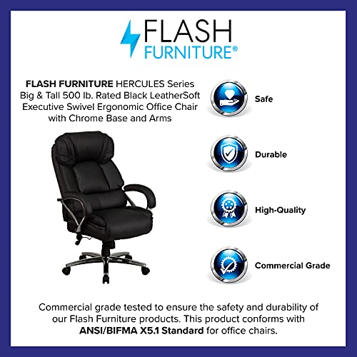 Flash Furniture HERCULES Series Big & Tall 500 lb. Rated Black LeatherSoft Executive Swivel Ergonomic Office Chair with Chrome Base and Arms