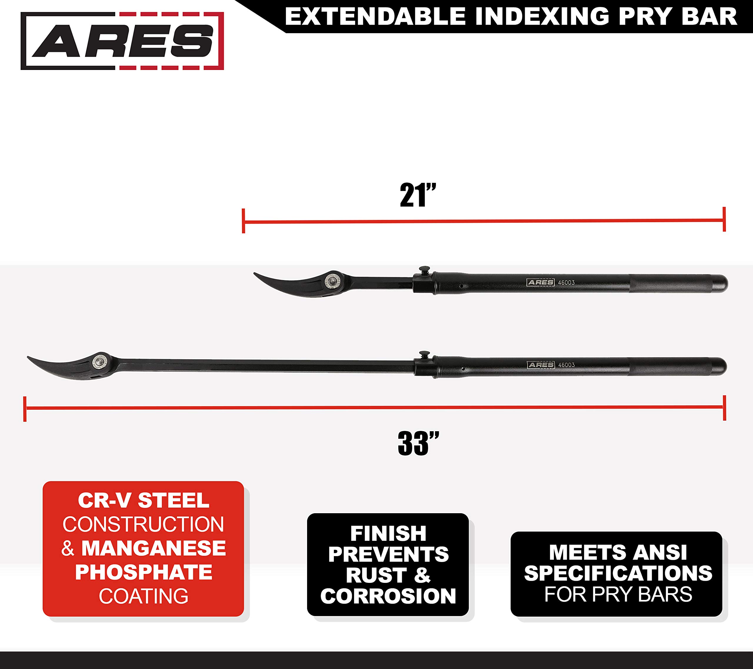 ARES 46003-21-Inch to 33-Inch Extendable Indexing Pry Bar - 14-Position Adjustable Angle Head - High Strength Chrome Vanadium Steel