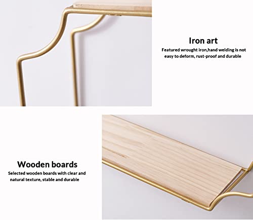 Dianhengmi Rectangular Floating Shelves Wall Decor, Gold Metal Wire and Wood Wall Mounted Large Space Storage Shelf Home Decorations Art for Bedroom Living Room Kitchen Bathroom, Set of 3