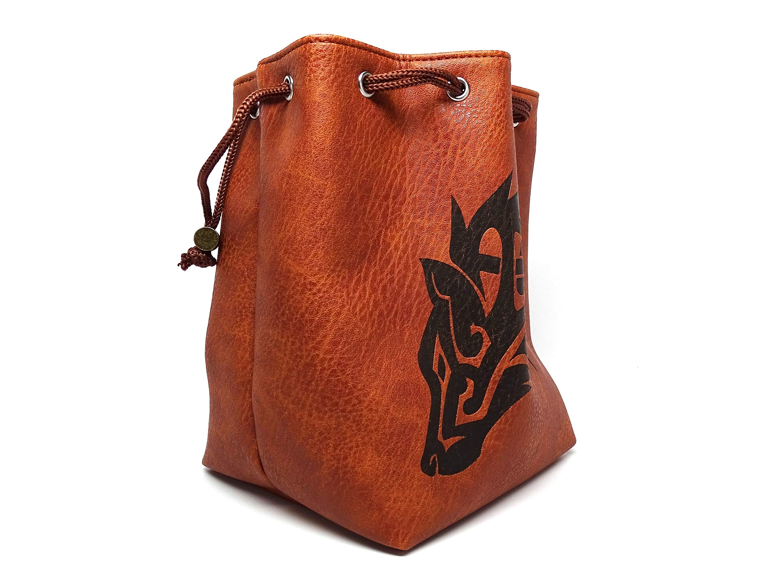 Brown Leather Lite Large Dice Bag with Wolf Design - Brown Faux Leather Exterior with Lined Interior - Stands Up on its Own and Holds 400 16mm Polyhedral Dice