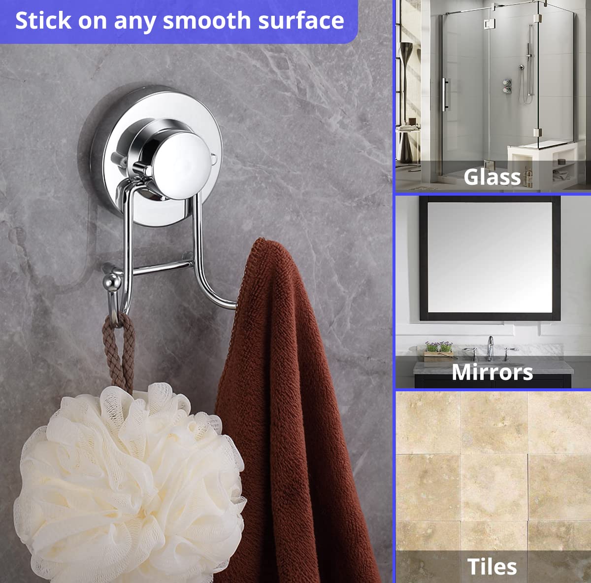 HOME SO Suction Cup Hooks for Shower, Bathroom, Kitchen, Glass Door, Mirror, Tile – Loofah, Towel, Coat, Bath Robe Hook Holder for Hanging up to 15 lbs – Rustproof Chrome Stainless Steel (2-Pack)