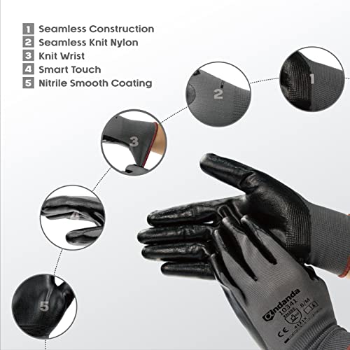 ANDANDA Work Gloves, Smart Touch, 3D Comfort Stretch Fit, Nitrile Coated Work Gloves with Grip, Seamless Knit Nylon Work Gloves Men Suitable for Warehousing, Logistics, Handling, Black(L), 1 Pair
