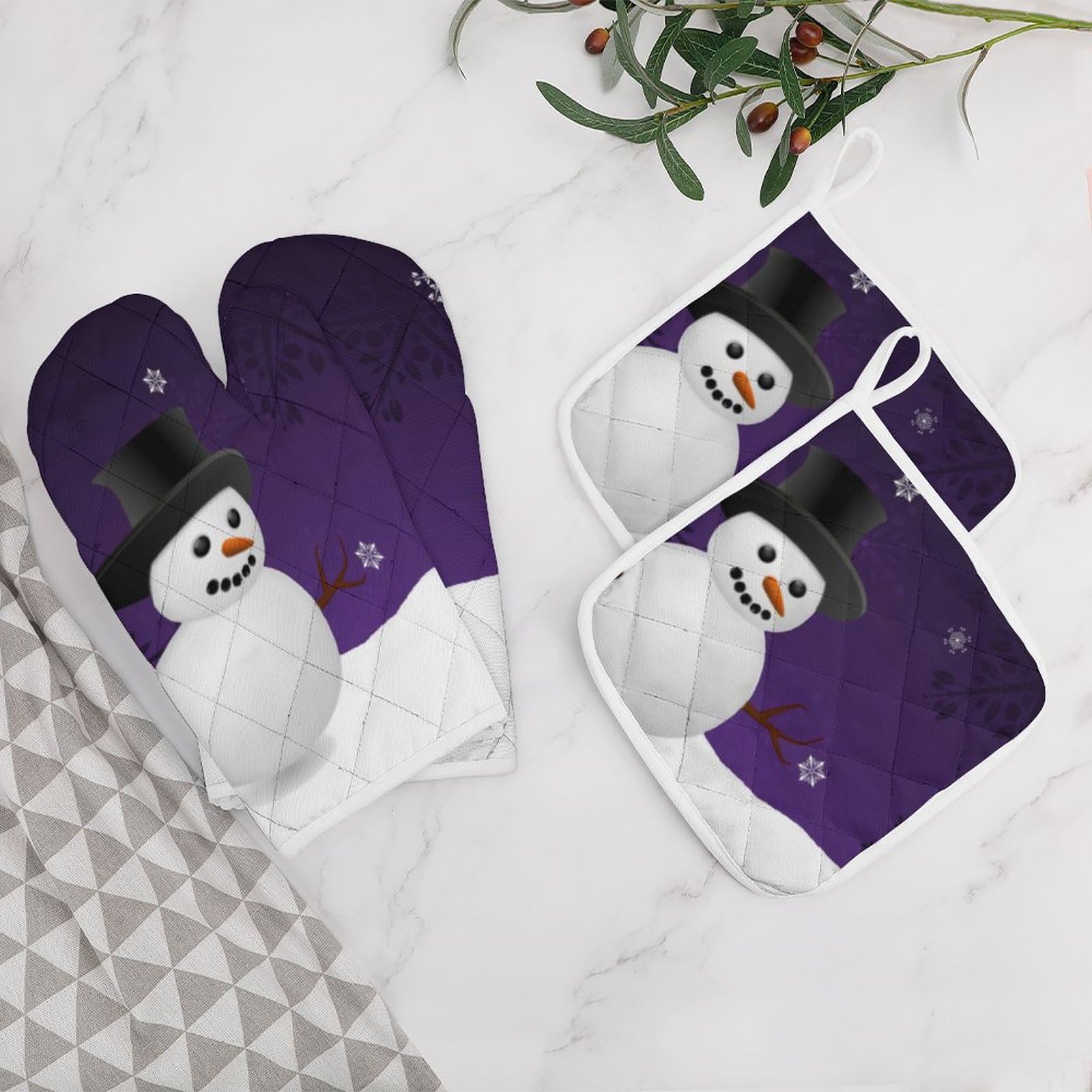 4PCS Oven Mitts and Pot Holders Sets, Purple Snowman Winter Christmas Oven Mitts Set Heat Resistant Kitchen Microwave Gloves Safe for Baking,Cooking, BBQ