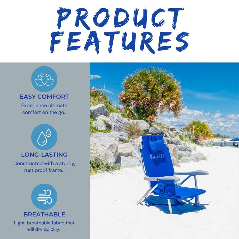 4Ocean Lay Flat Backpack Beach Chair | 250 lb Capacity | Foldable and Transportable | Rust-Proof Aluminum Frame | Reclining Positions | Cup and Cell Phone Holder | Cooler Pouch