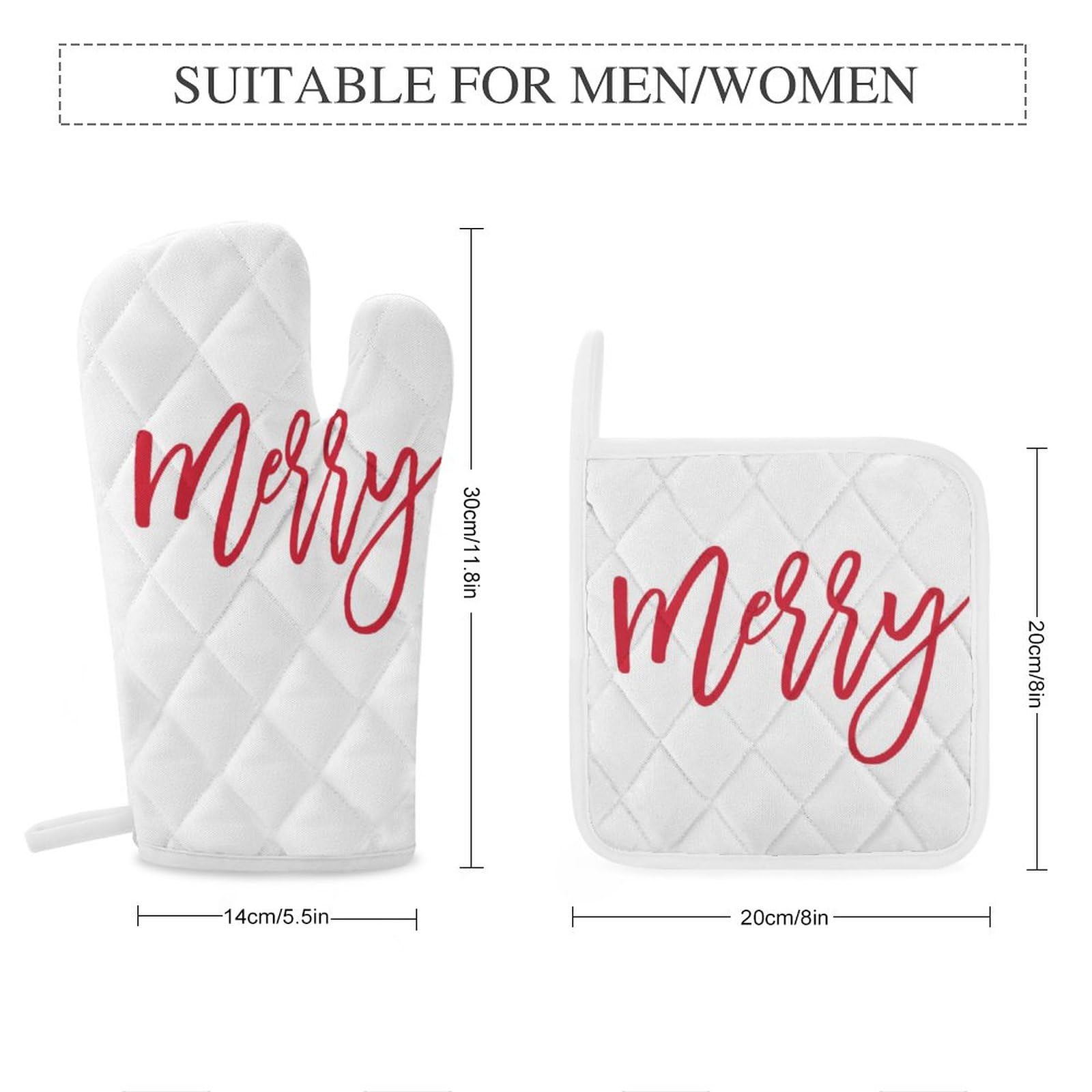 4PCS Oven Mitts and Pot Holders Sets, Merry Modern Red Holiday Christmas Oven Mitts Set Heat Resistant Kitchen Microwave Gloves Safe for Baking,Cooking, BBQ