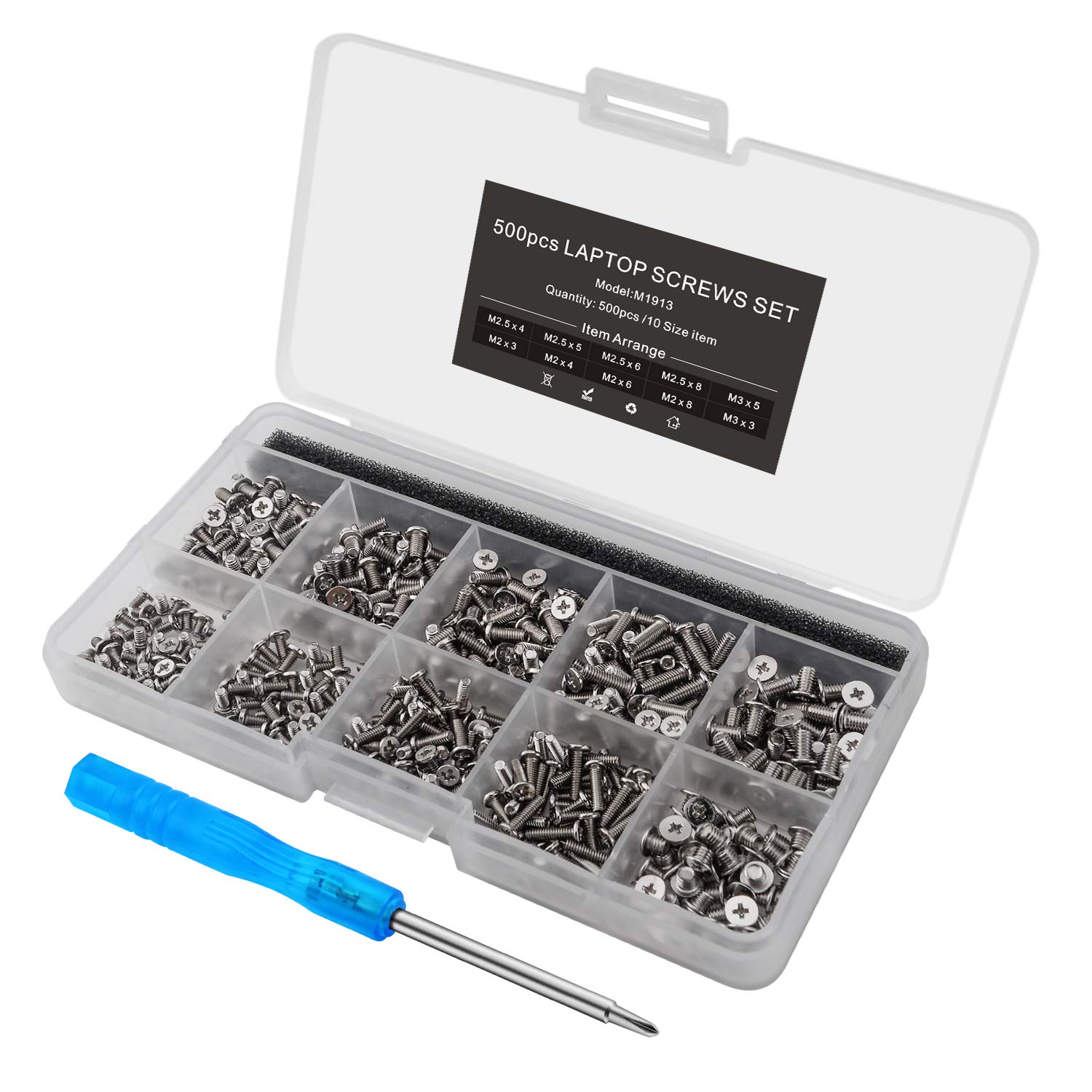 Mcsher 500pcs Laptop Notebook Screws Set for IBM HP Dell Lenovo Samsung Sony Toshiba Acer Gateway Screw Assortment Kit with Screwdriver - Silver