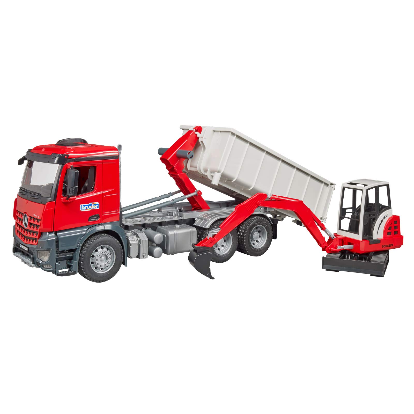 Bruder 03624 Mb Arocs Truck with Roll-Off- Container and Schaeff Mini Excavator