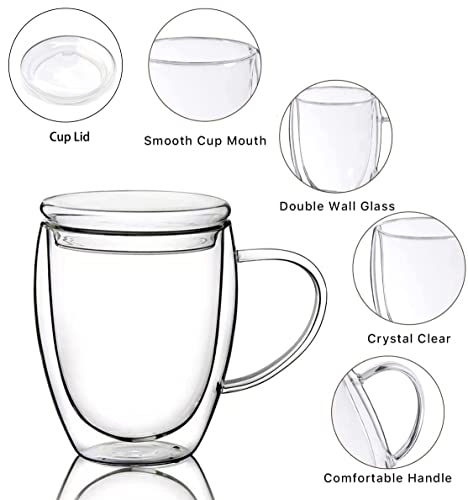 ALLYCE 15 Oz Double Walled Coffee Cups Glass Coffee Mugs Clear Coffee Mug with Lid Insulated Coffee Mug Perfect for Cappuccino,Tea,milk,Espresso,juice, Hot Beverage with Handle (15oz, with glass lid)