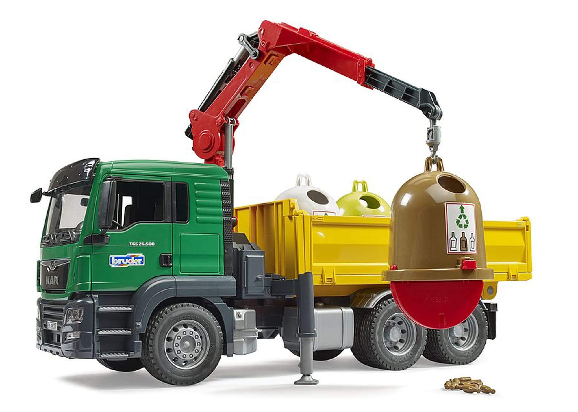 Bruder 03753 Man TGS Truck with Loading Crane, 3 Recycling Containers and Bottles
