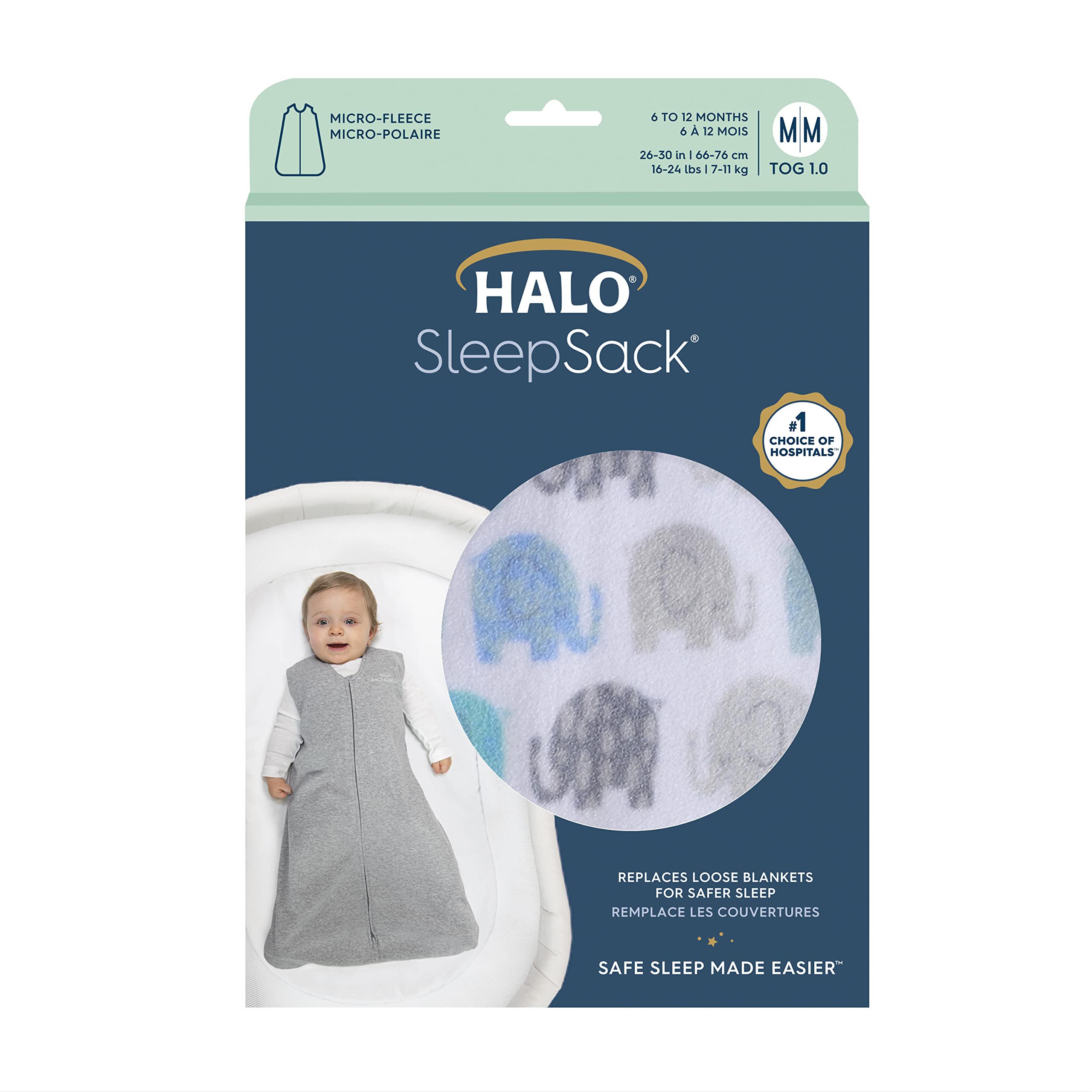 HALO SleepSack, Micro-Fleece Wearable Blanket, Swaddle Transition Sleeping Bag, TOG 1.0, Elephant Texture, Small, 0-6 Months