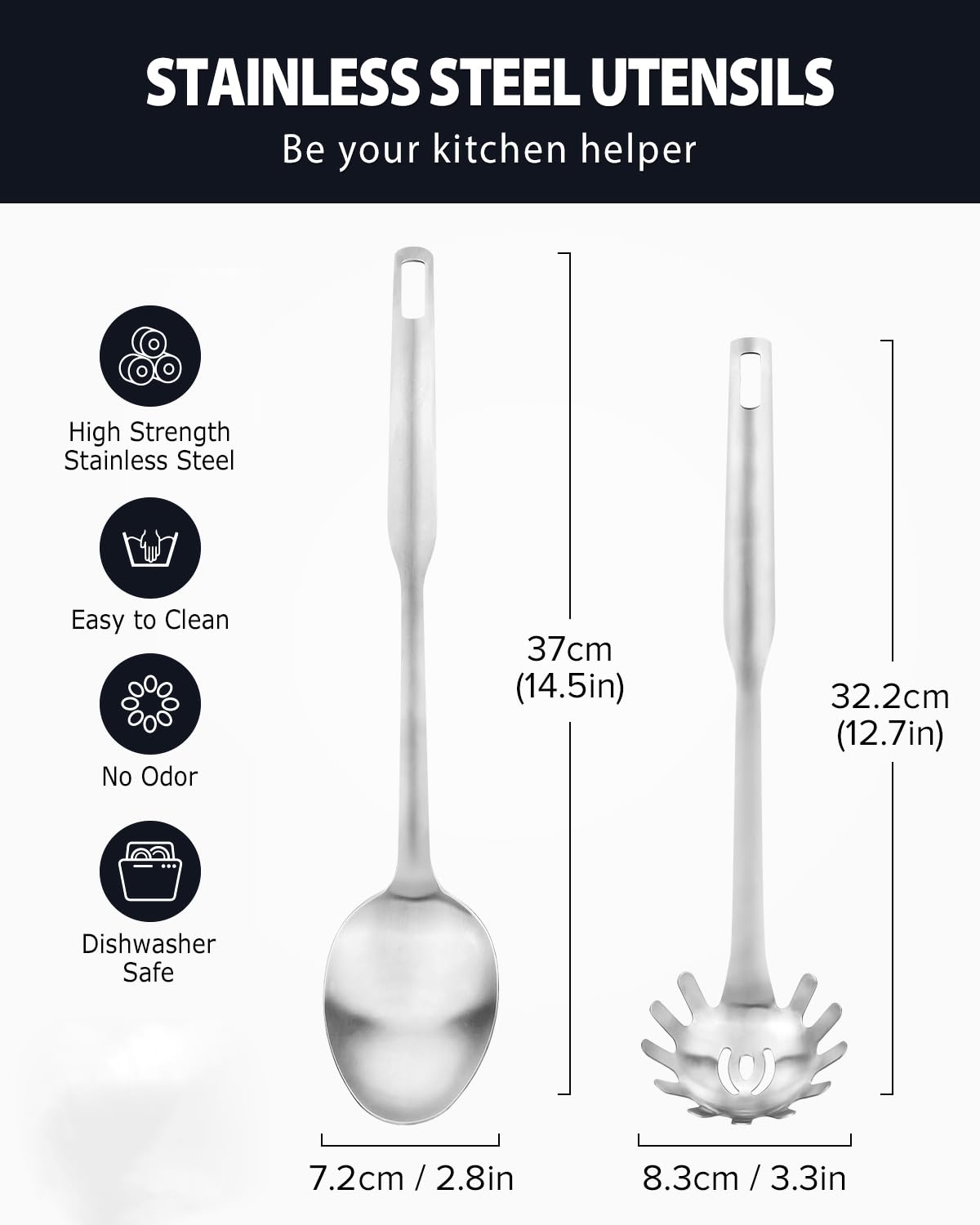 Stainless Steel Pasta Spoons and Forks, Kitchen Noodle Spoon Server, Metal Spaghetti Strainer,12.7β&14.5", Matte