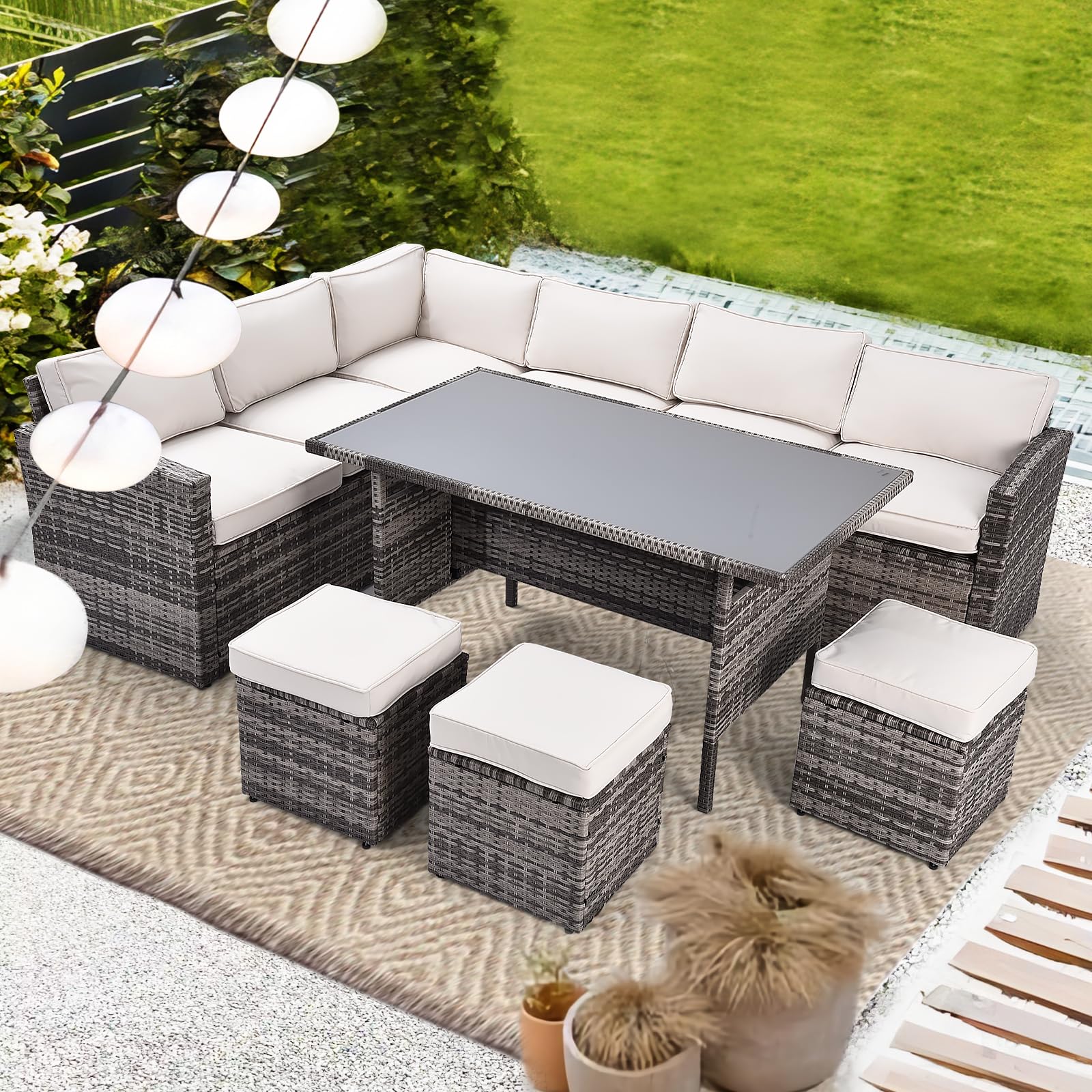 SoarFlash 7 Pieces Wicker Conversation Set Outdoor Patio Furniture Sofa Set, All-Weather Rattan Sectional Sofa with Ottoman, Cushion, Dining Table for Garden, Backyard,Poolside, Beige
