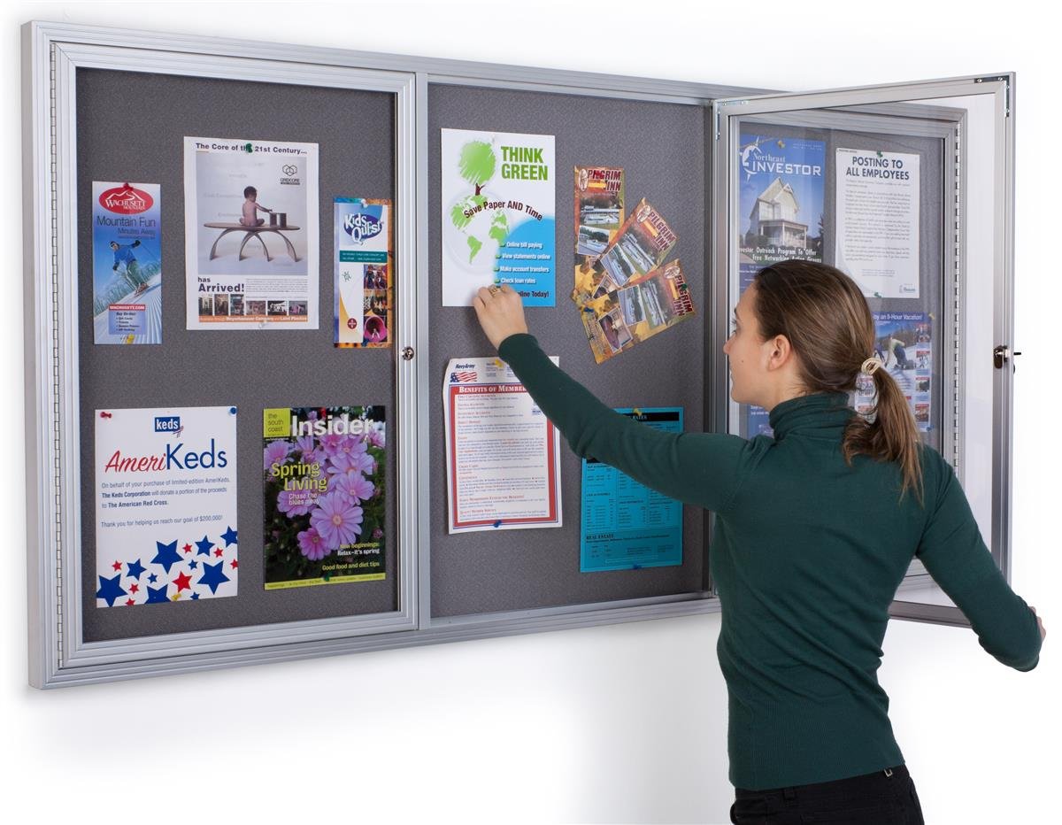 72 x 36 Inch Fabric Tack Board, 3 Locking Swing-Open Doors, 6 x 3 Foot Enclosed Bulletin Board for Wall Mount, Hardware Included - Silver Aluminum Frame with Light Gray Fabric