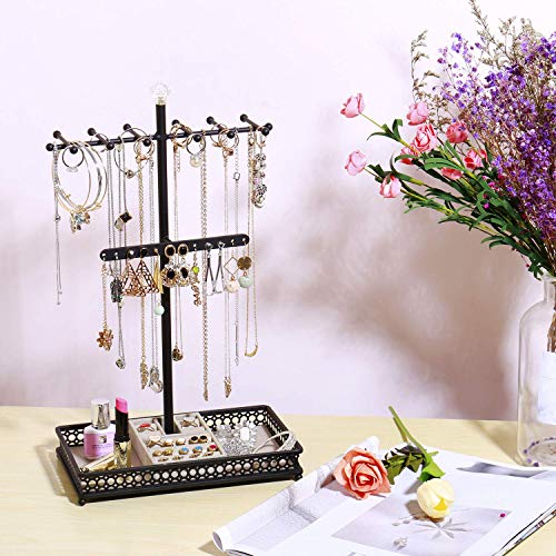 Meangood Jewelry Tree Stand Organizer 3in1 Necklace Organizer Display Bracelet Earrings and Ring Tray Jewelry Holder Hanger Metal(Black)