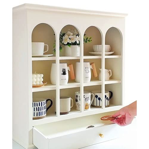 Wooden Coffee Mug Cabinet Organizer Water Cup Storage Cabinet, 3 Tier Kitchen Cabinets with Storage Drawer for Countertop Cupboard, Holds 12 Mugs (Color : White, Size : 58x18x56cm)