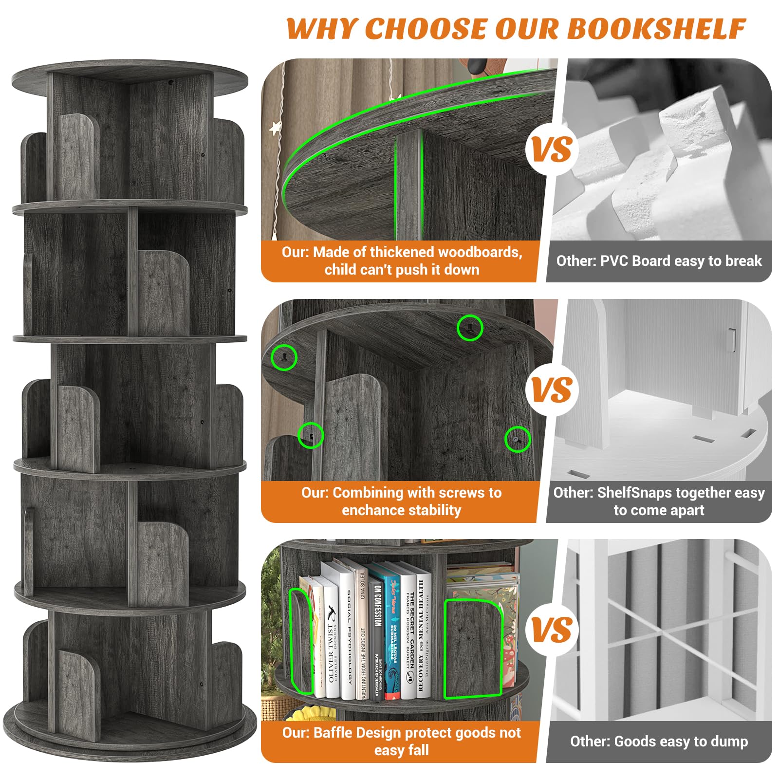 Aheaplus Rotating Bookshelf, 360 Display Wood Spinning Bookshelf Tower, 5 Tier Floor Standing Bookcase Storage Rack, Revolving Bookcase Corner Bookshelf for Small Space, Bedroom, Study Room,Black Oak