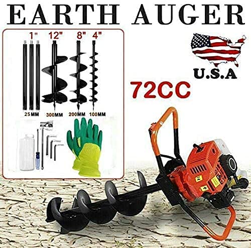 72cc Post Hole Auger 3KW 2 Stroke Post Hole Digger Gas Powered Earth Auger with 3 Replacement Auger Drill Bits(4", 8", 12") and 3 Extension Rods for Farm Garden Plant