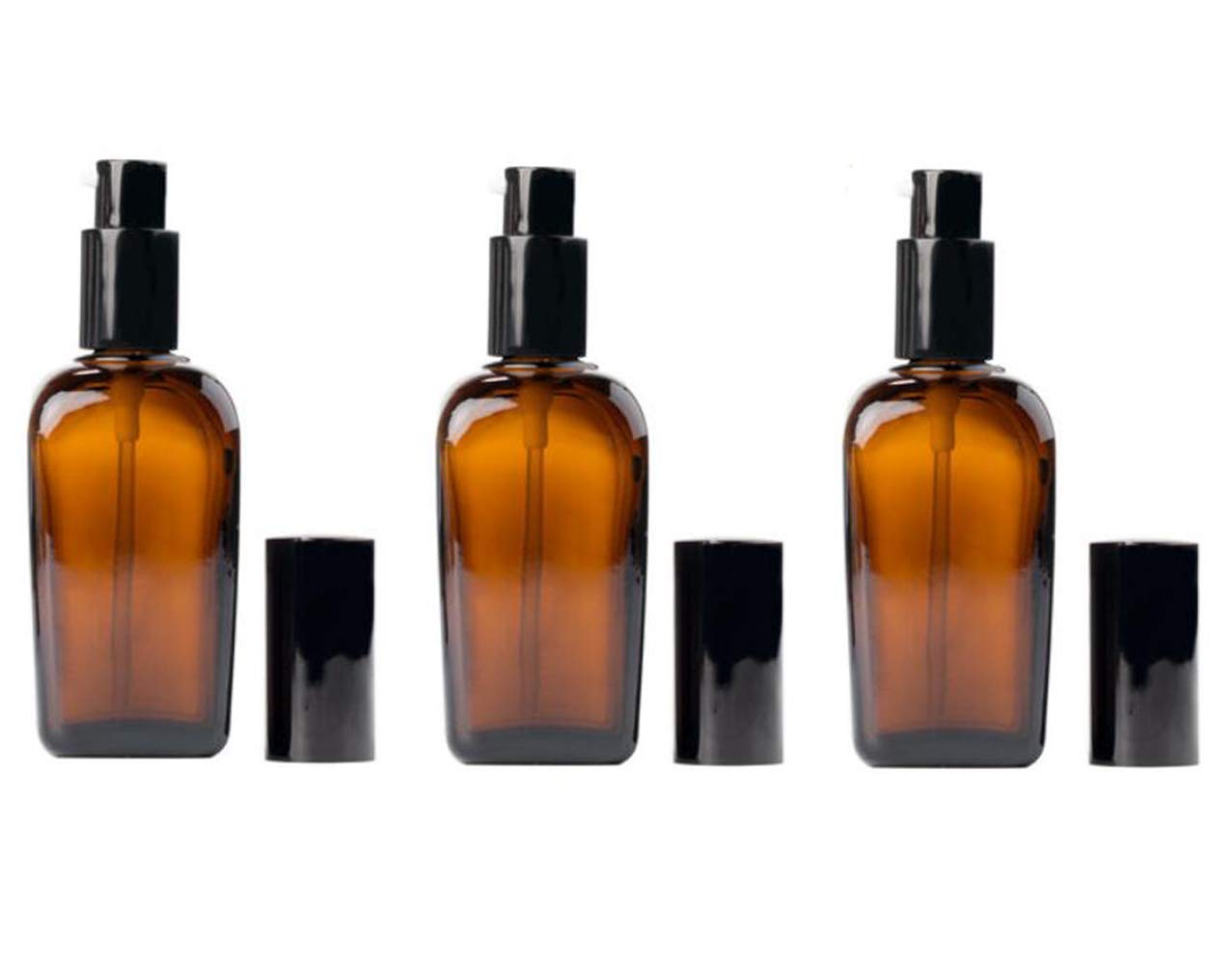 ericotry 3PCS 100ml Empty Refillable Square Amber Glass Cream Lotion Pump Bottles for Makeup Face Cream Facial Cleanser Toiletries Toner Liquid Travel Containers Emulsion Essential Oil Dispenser