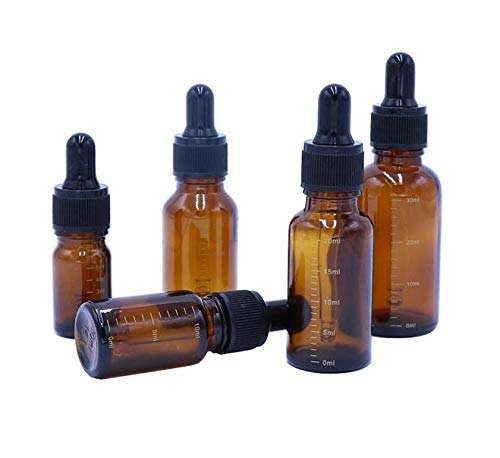 QUUPY 3PCS Portable Amber Glass Graduated Scale Dropping Bottle Vials With Black Rubber Cap And Glass Dropper Pipette For Cosmetic Perfumes Essential Oils Liquids Storage