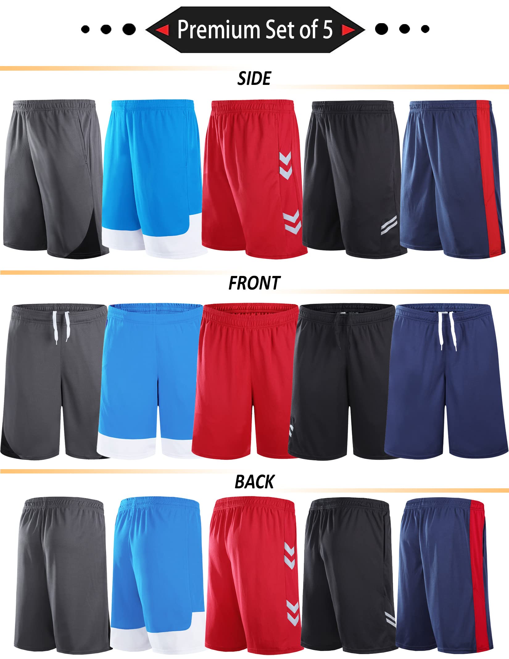 5 Pack Big Boys Youth Athletic Mesh Basketball Shorts with Pockets Quick Dry Activewear (Set 2, Medium)