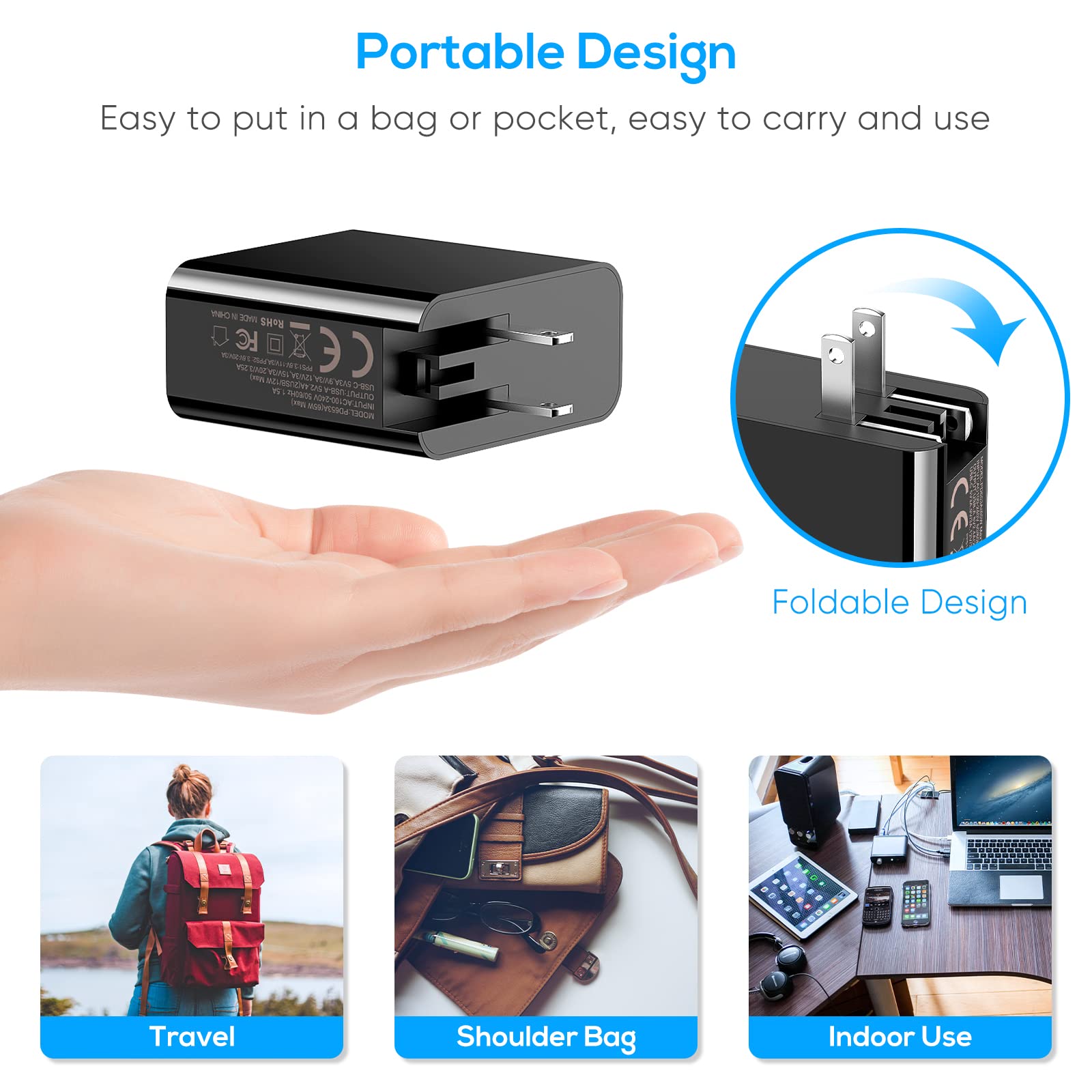 65W USB C Charger for Steam Deck,MENEEA Foldable Power Adapter 3 Port Fast Wall Charger & 6.6ft USB C Charging Cable Cord & US/UK/EU/AU Plug for Travel, Accessories for Steam Deck/Phone/Tablet/Laptop