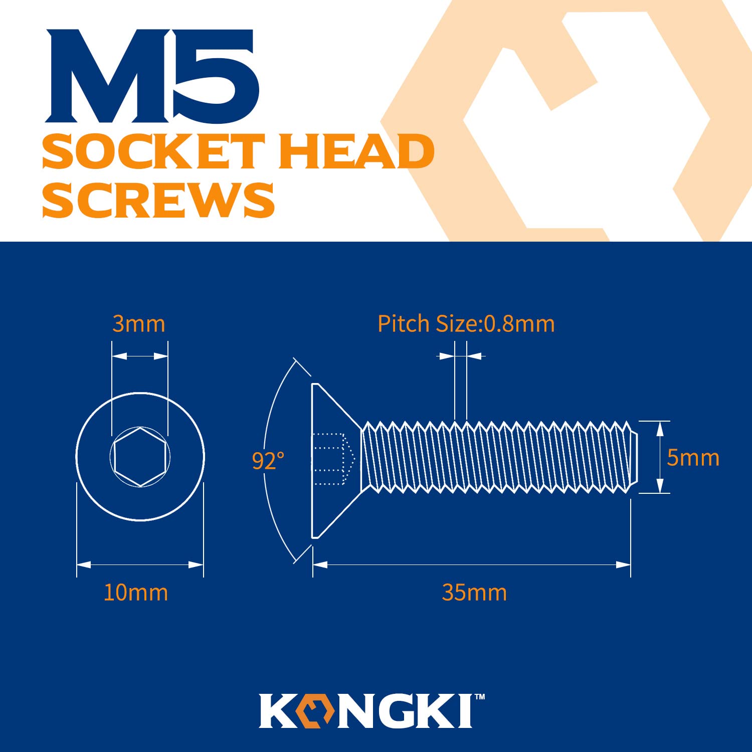 KONGKI M5-0.8 x 35mm Flat Head Socket Cap Screws, 304 Stainless Steel (18-8), DIN 7991, Allen Socket Drive,Full Thread, Machine Thread, 30 PCS