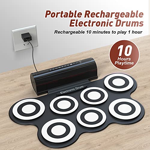 7 Pads Electronic Drum Set, Electric Drum Pad Roll-Up Drum Practice Pad Drum Kit Built-in Speaker with Drum Pedals Drum Sticks 10 Hours Playtime, Great Holiday Birthday Gift for Kids-White