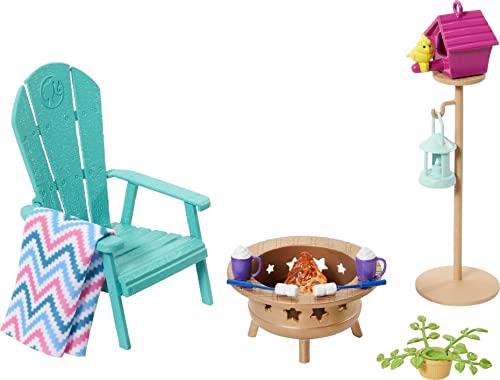 Barbie Furniture and Accessories, Doll House Decor Set with Backyard Patio, Bonfire, Birdfeeder and Birdhouse