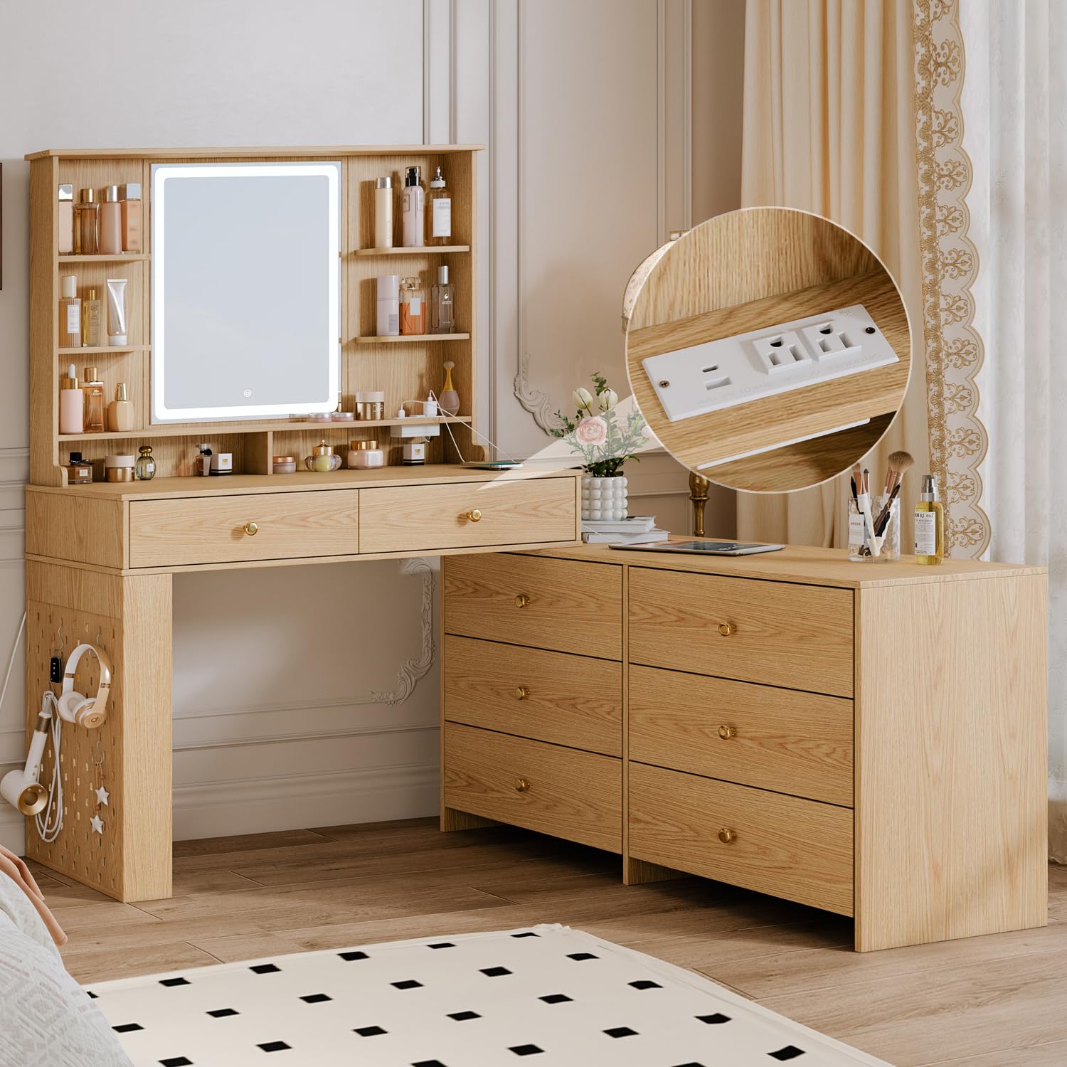 74.8''Makeup Vanity Desk with large mirror and lights&Charging Station,Modern Corner Vanity Table with 8 Storage Drawers and Shelves,Makeup Table for Bedroom,Dressing Table with nightstand,Beige