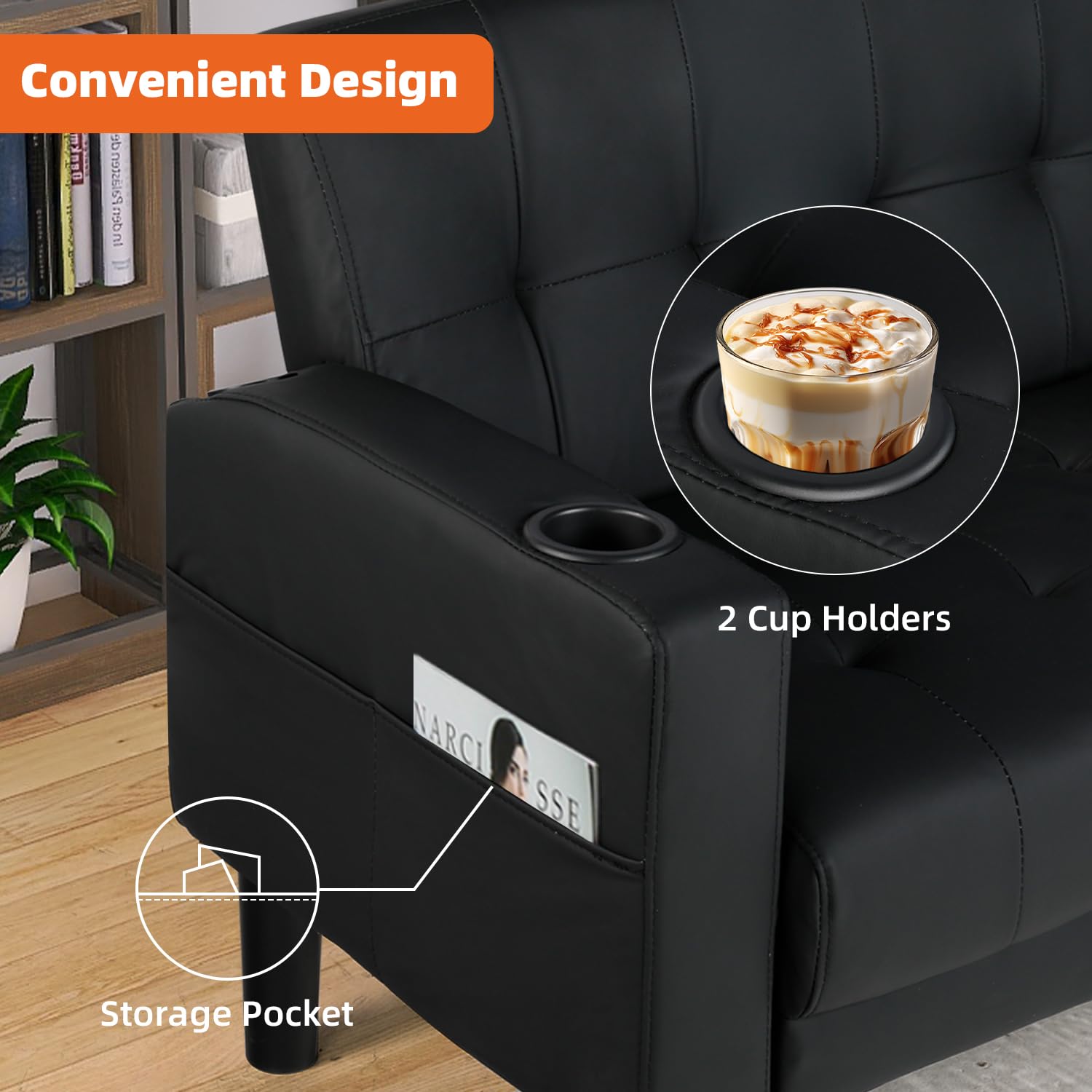 AILEEKISS 2 Piece Living Room Sofa Set Loveseat Sofas Sets with 2 USB, Cup Holders, Side Pocket, Modern Leather 2 Pcs Sectional Couches Set for Apartment, Office, Bedroom (Black, 2-Seat+1-Seat)