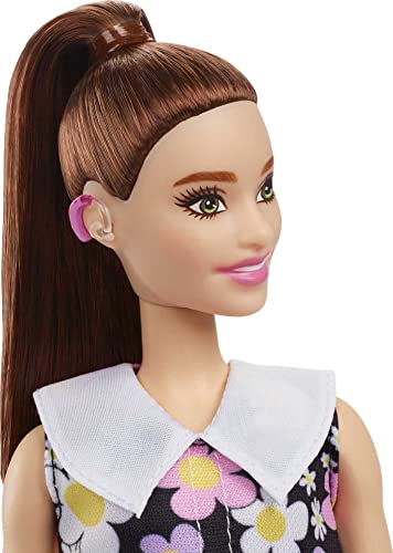 Barbie Fashionistas Doll #187 with Behind-The-Ear Hearing Aids, Brunette Ponytail, Shift Dress & Pink Boots