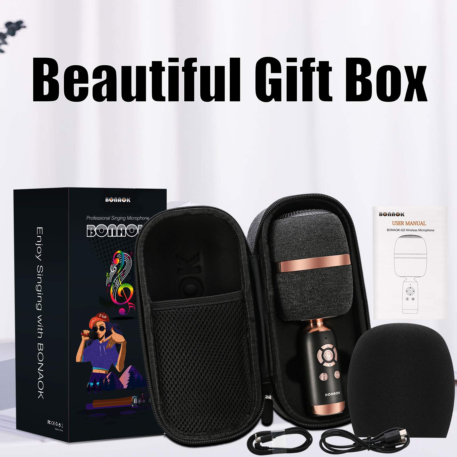 BONAOK Wireless Bluetooth Karaoke Microphone, Portable Mic Singing Machine for PC/All Smartphones Home Party Indoor Outdoor Q3(Gray)
