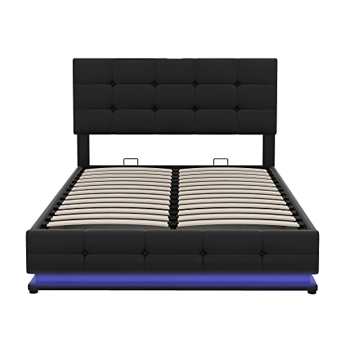 BIADNBZ Full Size Modern Platform Bed with Hydraulic Storage System and Headboard,Tufted PU Upholstered Bedframe with LED Lights and USB Charger for Bedroom,No Box Spring Needed, Black