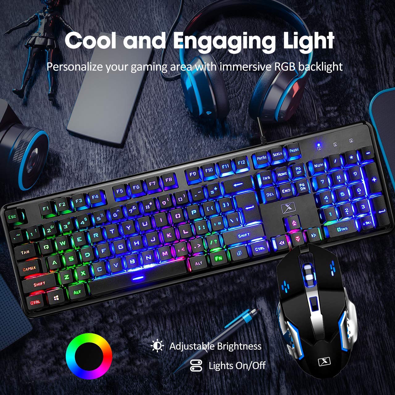 4-in-1 Gaming Keyboard Mouse Combo Wired Rainbow Backlit 104 Keys Ergonomic Gamer Black Keyboard + 2400DPI Adjust 6 Buttons USB Optical Game Mouse 3.5mm Gaming Stereo Headset for PC Laptop Computerā¦