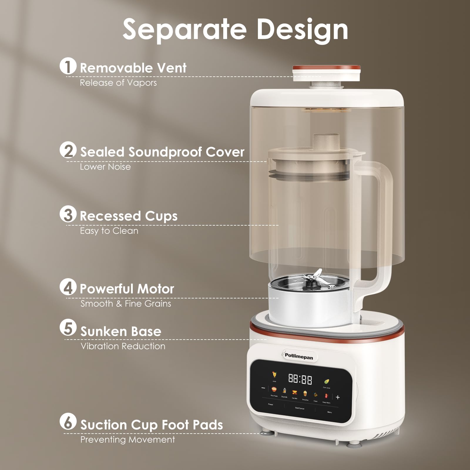 Potlimepan 8in1 Quite Cooking Blender, 1.4L 600W Countertop Blender with Silent Shield, Hot&Cold Kitchen Blender 8 Programs with 24H Preset, Self-Cleaning, for Smoothie Soy Milk Oat Milk and Juice
