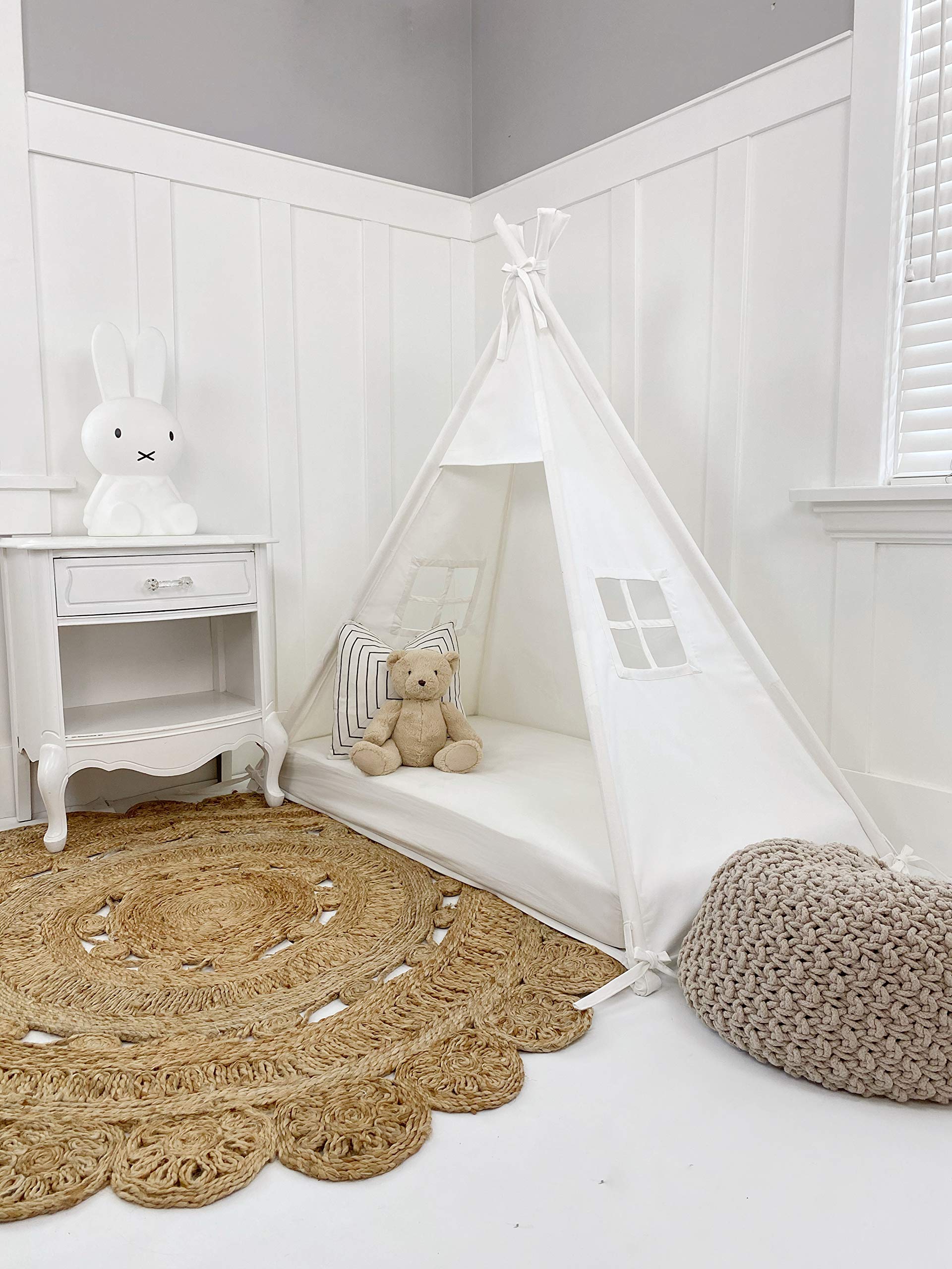 Domestic Objects | Play Tent Bed Canopy | Teepee for Mattress | 100% Cotton Canvas | Premium Quality (Crib/Cot No Door) (White)
